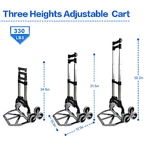 Double Rhombus Stair Climbing Cart Portable Folding Hand Truck, 330 LBS Capacity Aluminium Trolley with 3-Level Height Adjustable Telescoping Handle, 6 Rubber Wheels, 2 Bungee Cords, All Terrain