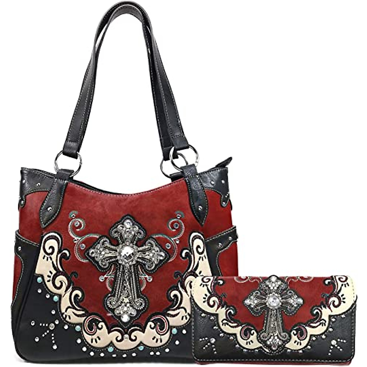 Justin West Mustang Cross Handbag Purse For Girls Women Concealed Carry (Red Tote Wallet Set)