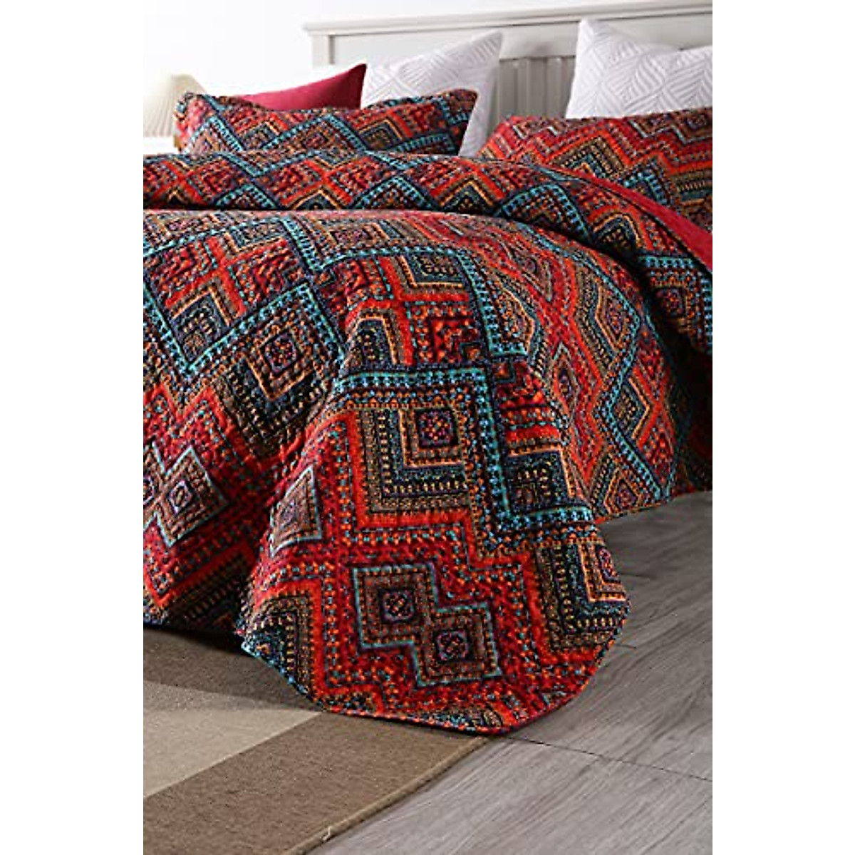Yvooxny Quilt Set Queen Size Bedspread Bohemian Style Lightweight Cotton Quilted Coverlet Bedding Set for All Seasons, Boho Red Jacquard Pattern, 90 * 98 Inches