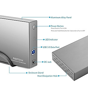 Hard Drive Enclosure RSHTECH USB 3.0 to SATA Aluminum External Hard Drive Dock Case for 3.5 inch HDD SSD up to 16TB Drives, Support UASP (RSH-339)