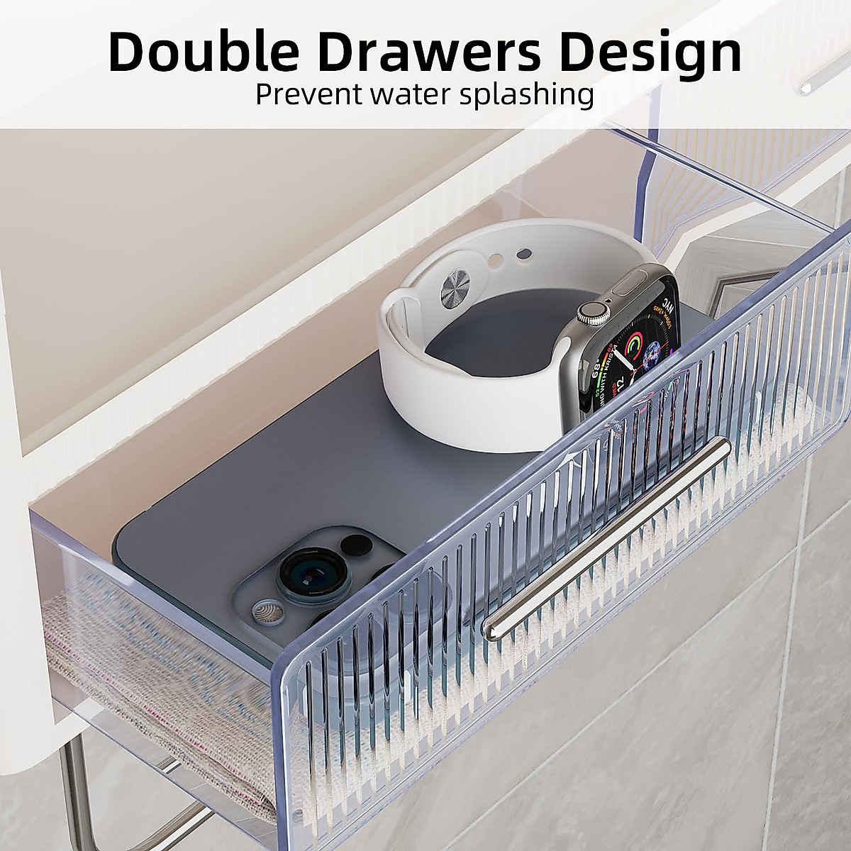 LURIVA Plastic Bathroom Shelves with 2 Drawers & Towel Bar, No Drilling, Bathroom Organizers and Storage, Over Toilet Storage, Wall Mount Shower Organizer, Shower Caddy, Bathroom Wall Cabinet