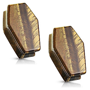 Pierced Owl Natural Tiger Eye Stone Coffin Shaped Double Flared Plug Gauges, Sold as a Pair (25mm (1"))