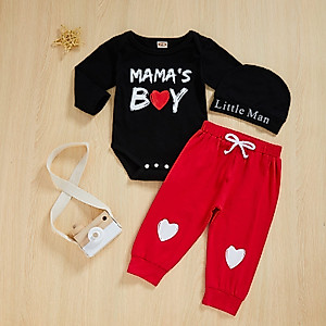 GRNSHTS Newborn Baby Boy Valentine's Day Outfits Mama's Boy Long Sleeve Romper+Love Pants+Hat 3Pcs Clothes (Black, 3-6 Months)