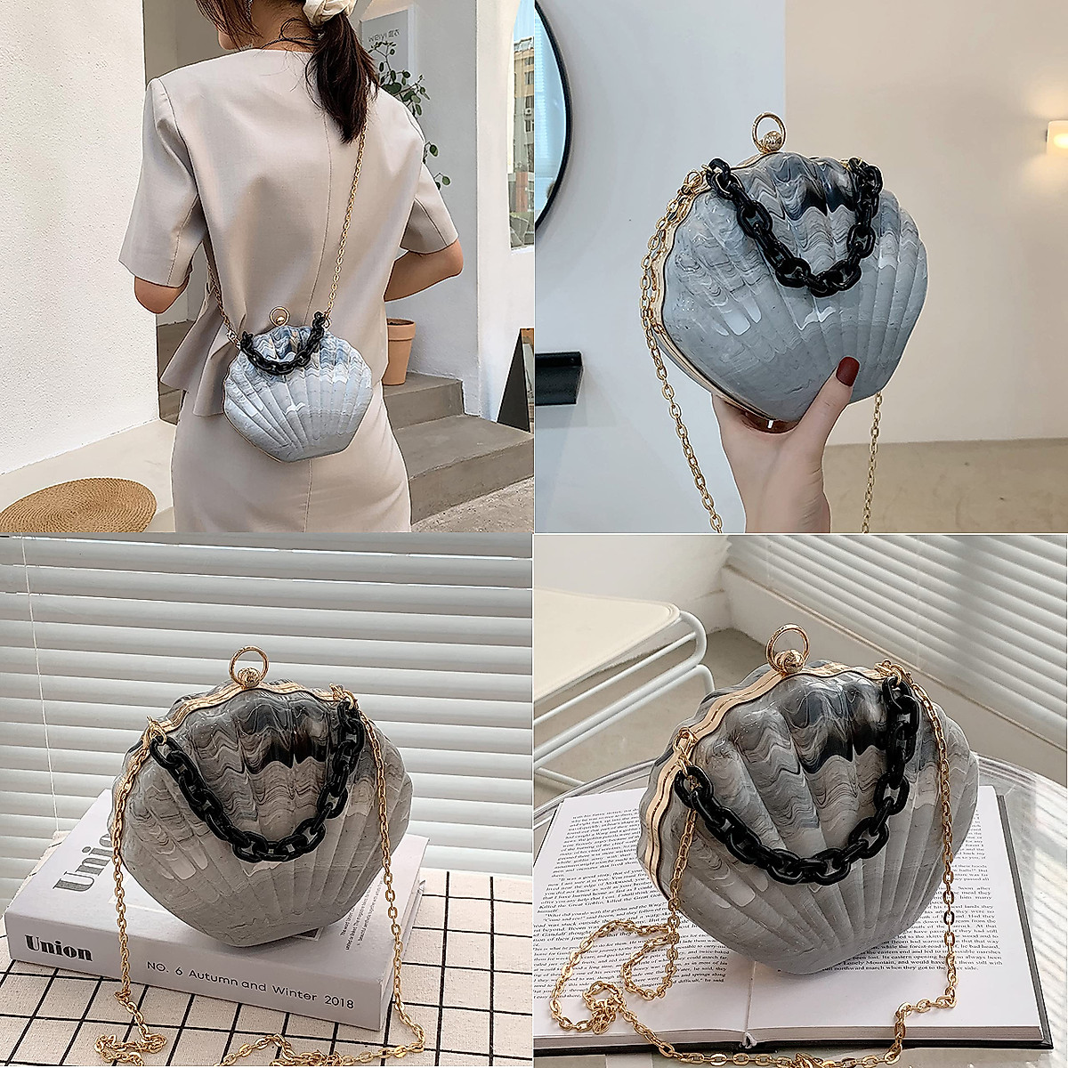 Felice Ann Women Mini Seashell Evening Clutch Handbag Top-Handle Bag Chain Strap Cross-body Shoulder Bag Print Grey