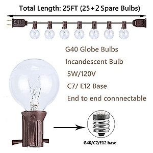 GOOTHY Outdoor String Lights, 25FT Hanging Patio Lights String with 27 G40 Clear Globe Bulbs (2 Spare), Connectable Globe String Lights for Indoor Outdoor Garden Commercial Decor, C7/E12 Base - Brown