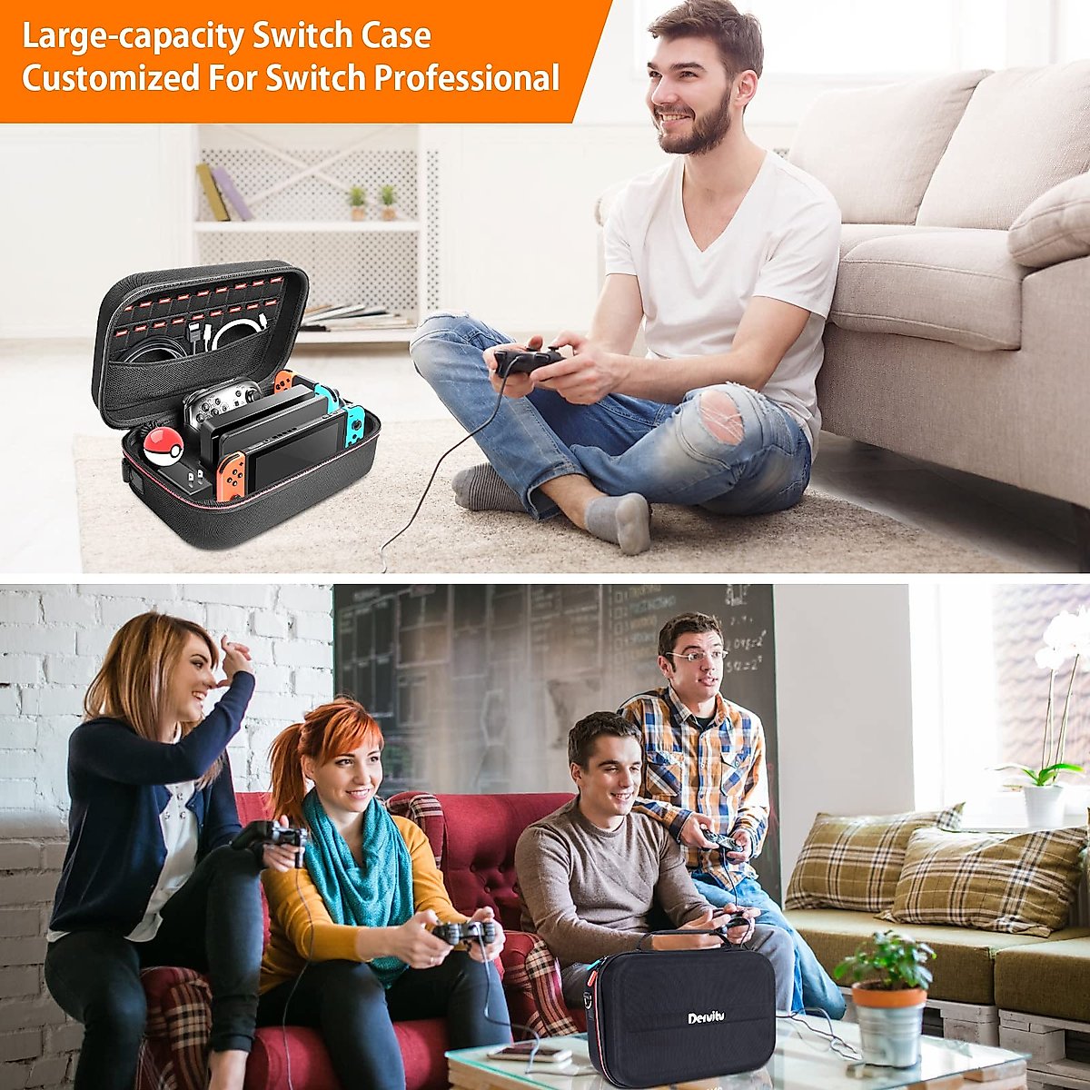 Deruitu Carrying Case Compatible with Nintendo Switch/Switch OLED Model - Portable Travel All Protective Hard Messenger Bag Soft Lining 18 Games for Switch Console Pro Controller & Accessories, Black