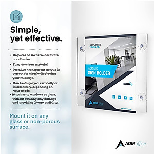 Adir Acrylic Window Sign Holder with Suction Cups 2 Pack (8.5-x-11-inch)