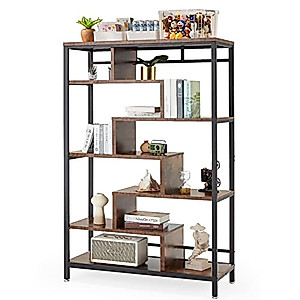 JOMEED 7-Tier Industrial Bookshelf for Bedroom,Large Etagere Bookcase Open Display Shelves with Metal Frame for Living Room Home Office，Asymmetrically Designed