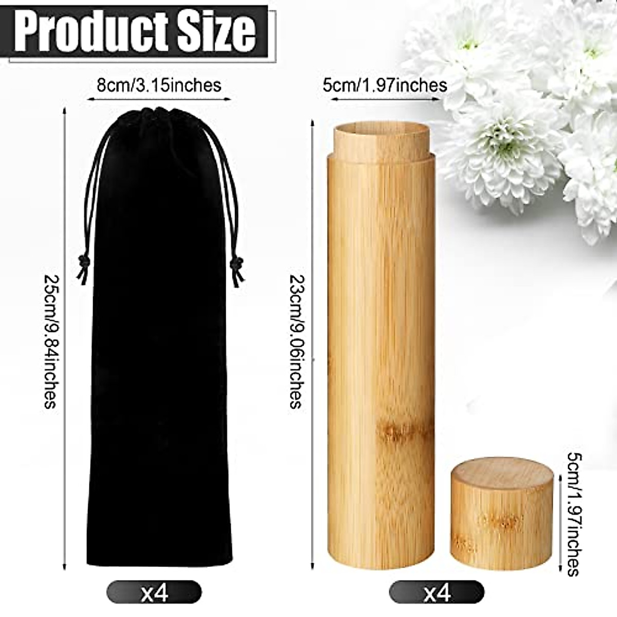 Yalikop 8Pcs(4pc mini urns & 4pc black drawstring bags)Bamboo Scattering Cremation Small Urns for Ashes Funeral Urn Tube Mini Keepsake Human Caskets Spreading & Black Drawstring Bag PET Ashes,9x2Inch
