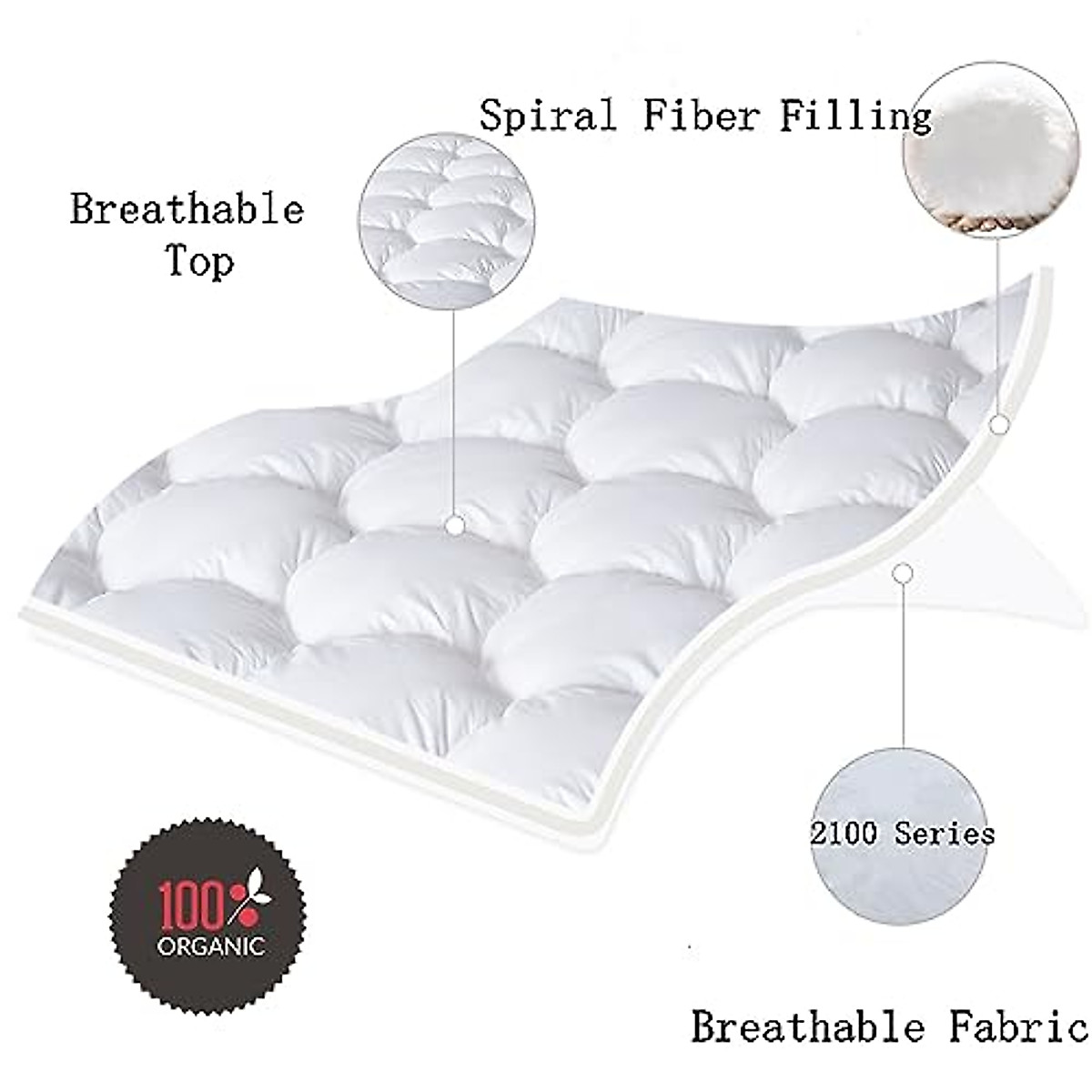 JURLYNE Mattress Pad Full XL Size, Quilted Fitted Mattress Cover, Pillow Top with Fluffy Breathable 5D & 7D Spiral Fiber Filling, Cooling Mattress Topper Cover, Protector, White