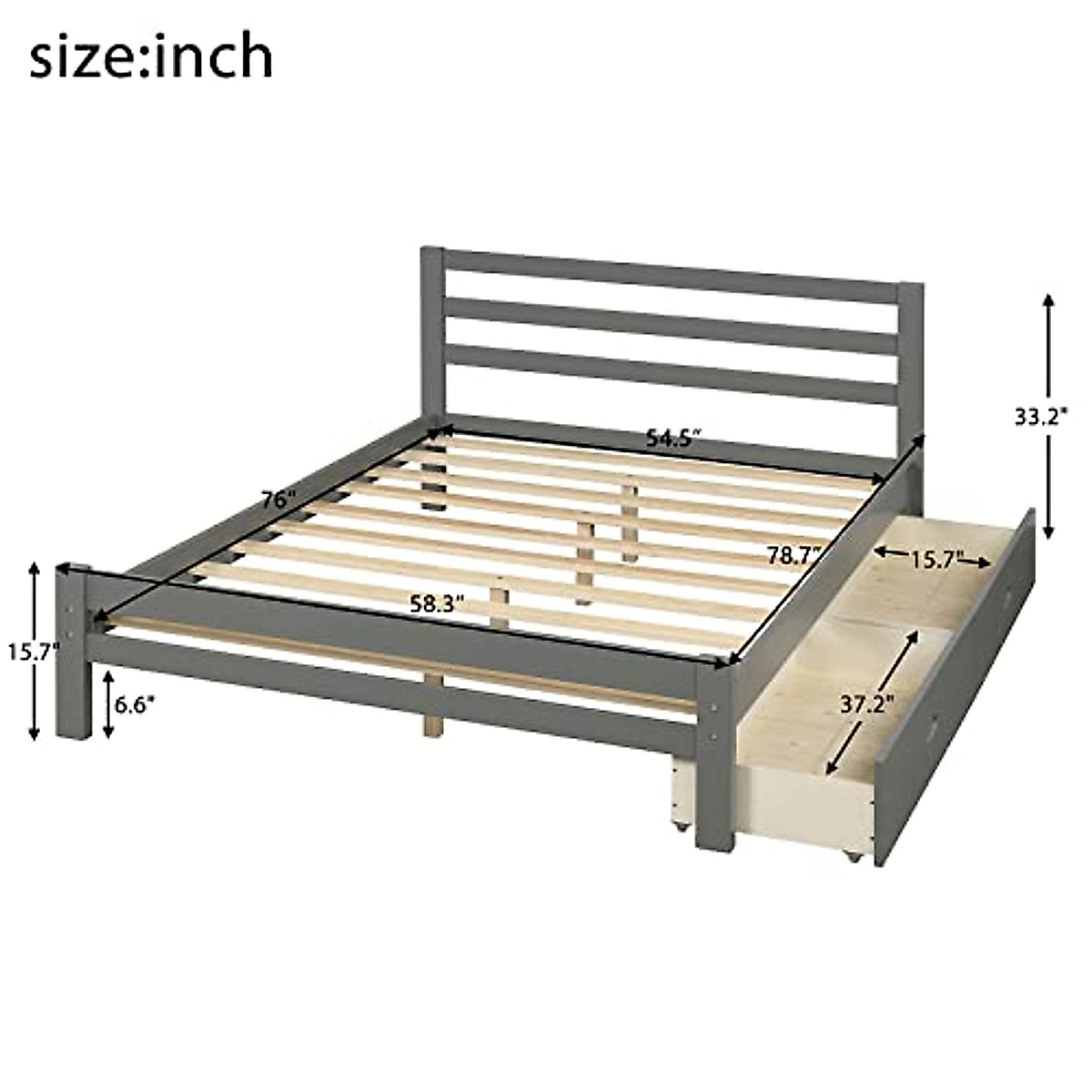 Lostcat Full Size Bed Frame with Storage and Headboard,Wood Slats Support,Solid Pinewood Bedframe, No Box Spring Needed,for Boys/Girls/Adult Bedroom,Gray