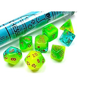 Green and Teal Gemini Luminary Dice with Orange Numbers 7+1 Dice Set 16mm (5/8in) Limited Edition Lab Dice Chessex