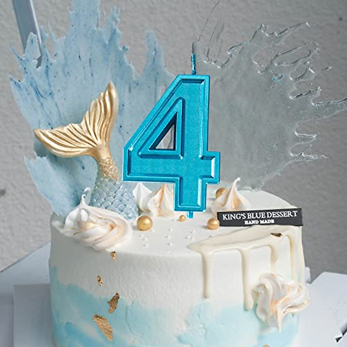 UVTQSSP 3.94 Inch Blue Oversized Large Number Candles Happy Birthday Candles Glitter Cake Topper Decoration for Party Wedding Anniversary Celebration Supplies Kids Adults (Shape 4 Blue)