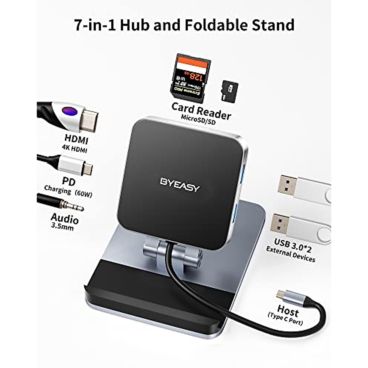 BYEASY USB C Hub Stand Holder, 7 in 1 Docking Station Adapter with 4K HDMI, 60W PD Charging, TF/SD Card Reader, USB 3.0 and 3.5mm Audio Jack for iPad Pro 2018 2020 2021, iPad Air 4th