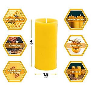 CANDWAX Pure Beeswax Pillar Candles 1.8x4 inch Set of 3 - Yellow 34,5 Hours Burning Handmade Candles - Smokeless Pure Bees Wax Candles Home Decor Natural Candles