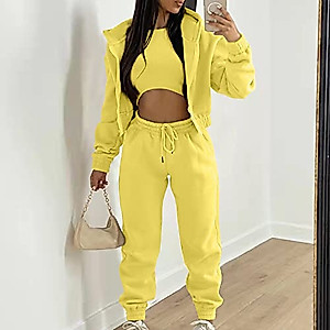 sumensumen Women Hoodies Tracksuit Long Sleeve Sweatshirts Jogger Pant,Pullover Tracksuit Set-Autumn Winter Packwork Sweatshirt Top Pants Sets Yellow,Large