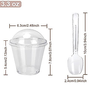 HawHawToys Dessert Cups with Dome Lids and Spoons, 100 Pack 3 OZ Round Mini Plastic Parfait Cups for Party Individual Desserts, Appetizers Serving (3 oz, 100)