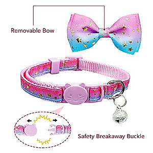 Pohshido 2 Pack Cat Collar with Bow Tie and Bell, Kitty Kitten Starshine Collar Breakaway Collar for Males Females Boys and Girls Cats (Rainbow+Black)