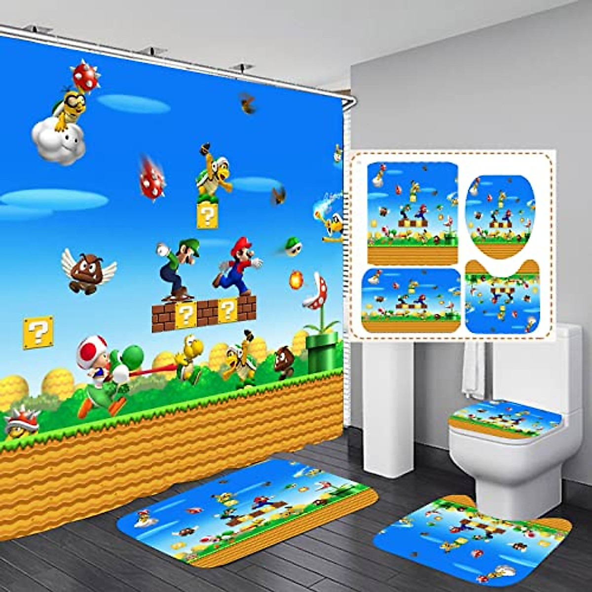 Super Mario Bathroom 4 Pieces Set Shower Curtain, Toilet Lid Cover and Bath Mat, Non-Slip Rugs, Durable and Waterproof, for Bathroom Decor Set, 72" x 72"