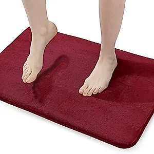 Walensee Extra Thick Memory Foam Bath Rug (17 inch X 24 inch, Red) Non Slip Absorbent Super Cozy Velvet Bathroom Mat, Luxury Soft Plush Small Carpet for Bath Room Shower Floor Tub, Machine Wash Dry