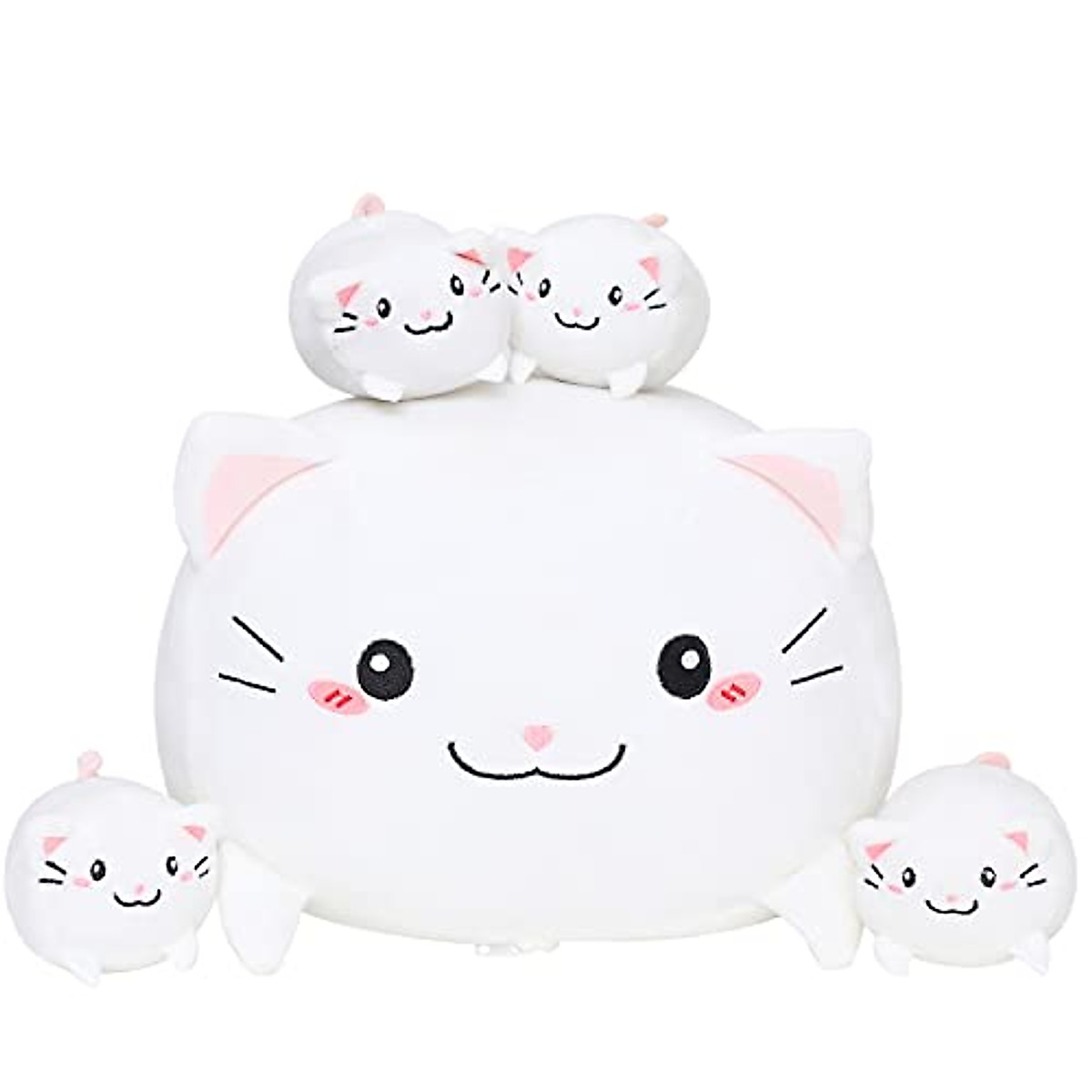 SQEQE Cute Cat Plush Toy with 4 Baby Plush Kitties in her Tummy, Stuffed Cotton Plush Animal Toy Gift for Kids