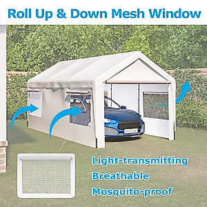 10x20 FT Outdoor Carport Portable Garage Heavy Duty Canopy Storage Shelter Shed All-Season Tarp with Removable Sidewalls & Doors for Car, Truck, Boat, Party, Camping (White)