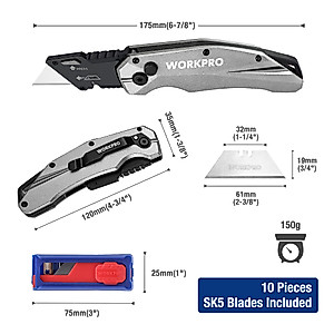 WORKPRO Folding Utility Knife, Heavy Duty Metal, Quick Open Axis Lock Box Cutter, Quick Change Blade Razor Knife, 1PC with 10 Extra SK5 Blades