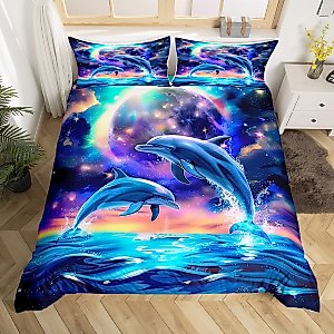 Dolphin Duvet Cover Set Queen Size,Ocean Wave Galaxy Fantasy Bedding Set Kids Boys Girls Room Decor,3D Sealife Colorful Starry Sky Comforter Cover 3Pcs,Blue Watercolor Bedspreads Cover,2 Pillowcases
