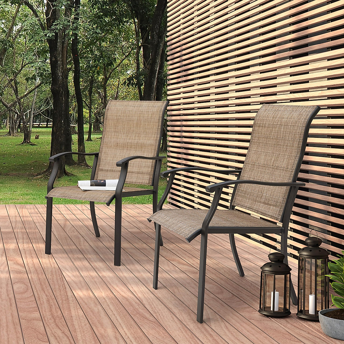 NUU GARDEN Patio Dining Chairs Set of 2, Outdoor Chairs with Armrest, Indoor/Outdoor Chairs Backyard Deck Garden Chairs, Restaurant Kitchen Dining Textilene Chairs,Brown