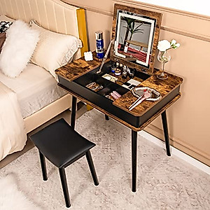 CHARMAID Vanity Desk with 3-Color Lighted Flip Top Mirror, 6 Storage Compartments, Side Organizers, USB Port, Makeup Dressing Table Set Writing Desk with Cushioned Stool, Easy Assembly, Rustic Brown