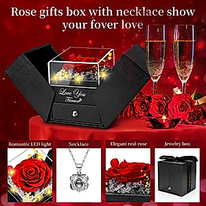Preserved Red Real Rose with Heart I Love You Necklace -Eternal Flowers Rose Birthday Gifts for Women Her Mom Wife Girlfriend Grandma on Valentines Mothers Day Christmas Anniversary Romantic-Red