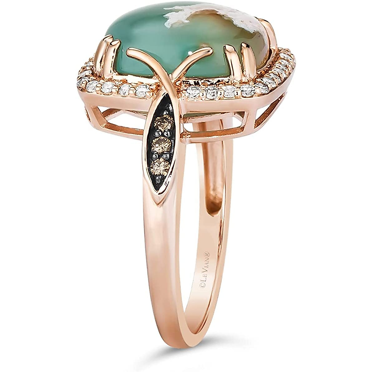 LE VIAN 4 2/3 Carat Cushion Shaped Green Aquaprase Cabochon White Topaz and Smokey Quartz Halo Statement Ring for Women in 14k Rose Gold Plated 925 Sterling Silver Promise Anniversary Ring Size 10