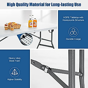 Giantex Folding Picnic Table, 6FT Card Table HDPE, Portable Foldable Tables for Party BBQ, Metal Legs, White Outdoor Camping Table with Handle, No Assembly (White)