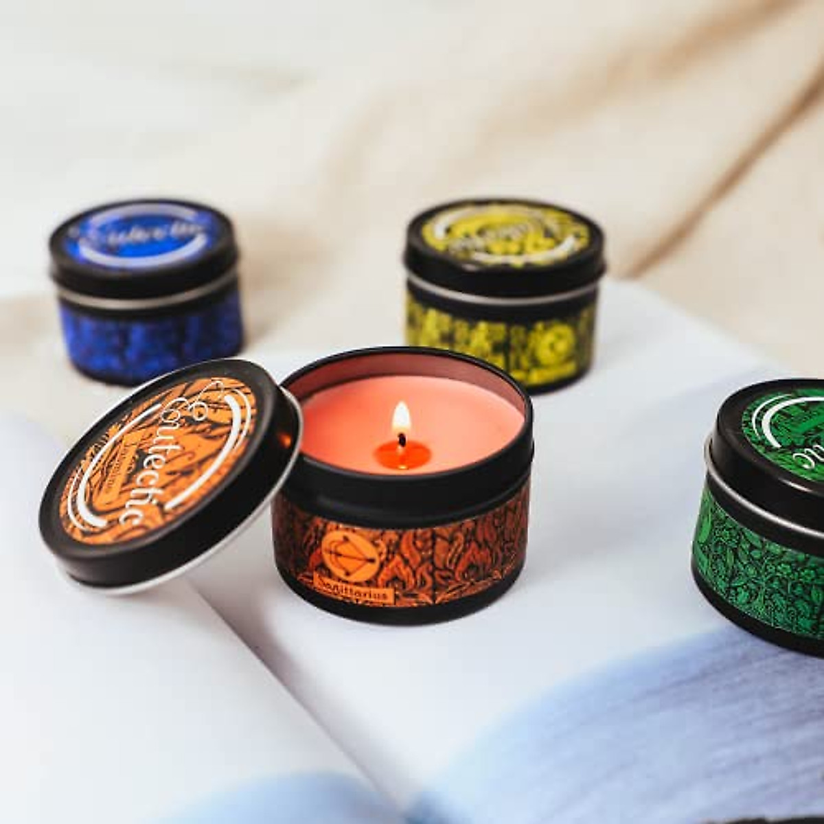 Eutectic Scented Colorful Tin Aromatherapy Candle Gift Set | Zodiac Sign Collection Candles Bulk | 3.5 Oz Natural Soy Wax with Jasmine, Sea Breeze, Ocean, and Forrest Fragrance Small Candles