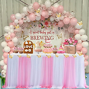 Albassa Table Skirts for Rectangle or Round Tables Pink Tulle TableCloth with 3D Butterfly for Princess Baby Shower Birthday Party Decorations（9ft*H 30in,Pink)