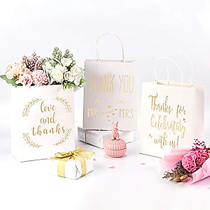 LaRibbons Medium Size Gift Bags - Gold Foil Mr. and Mrs. Thank You White Paper Bags with Handles for Wedding, Bridal Shower, Birthday, Baby Shower, Party Favors - 25 Pack - 8" x 4" x 10"