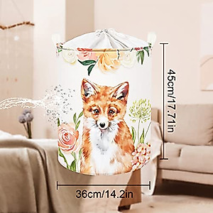 Clastyle 45L Fox Pink Flowers Laundry Basket with Handle Spring Garden Blossom Floral Laundry Hamper with Drawstring Cute Animal Round Toy Clothes Storage Basket for Bedroom, 14.2x17.7 in