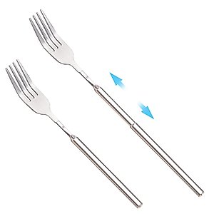 2PCS Extendable Fork Telescopic Fork Stainless Steel Retractable Fork Extends to 25 Inches BBQ Dinner Fruit Dessert Extendable Long Handle Fork Cutlery Set