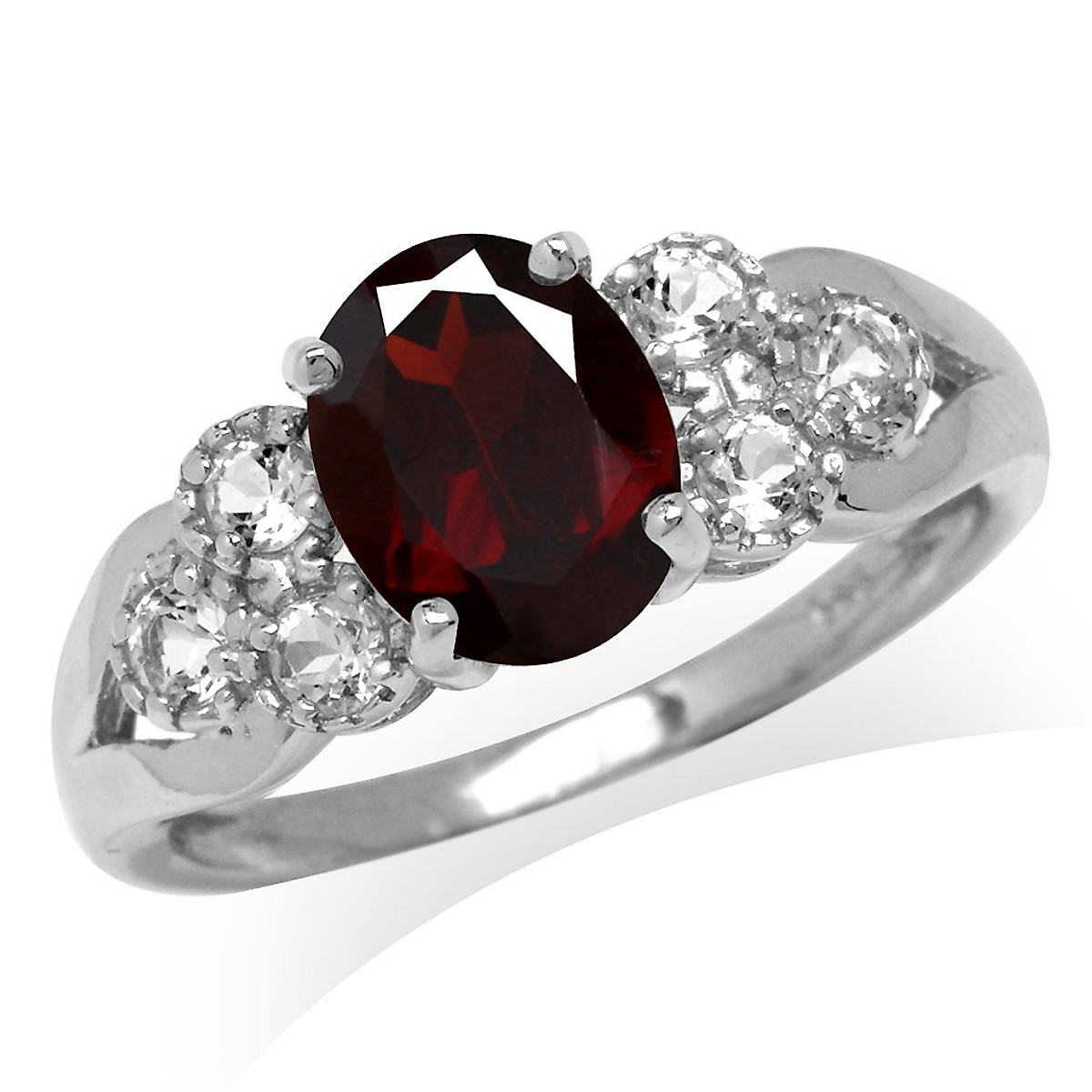 Silvershake 2.05ct. 9X7mm Natural Oval Shape Garnet and White Topaz 925 Sterling Silver Engagement Ring Size 10