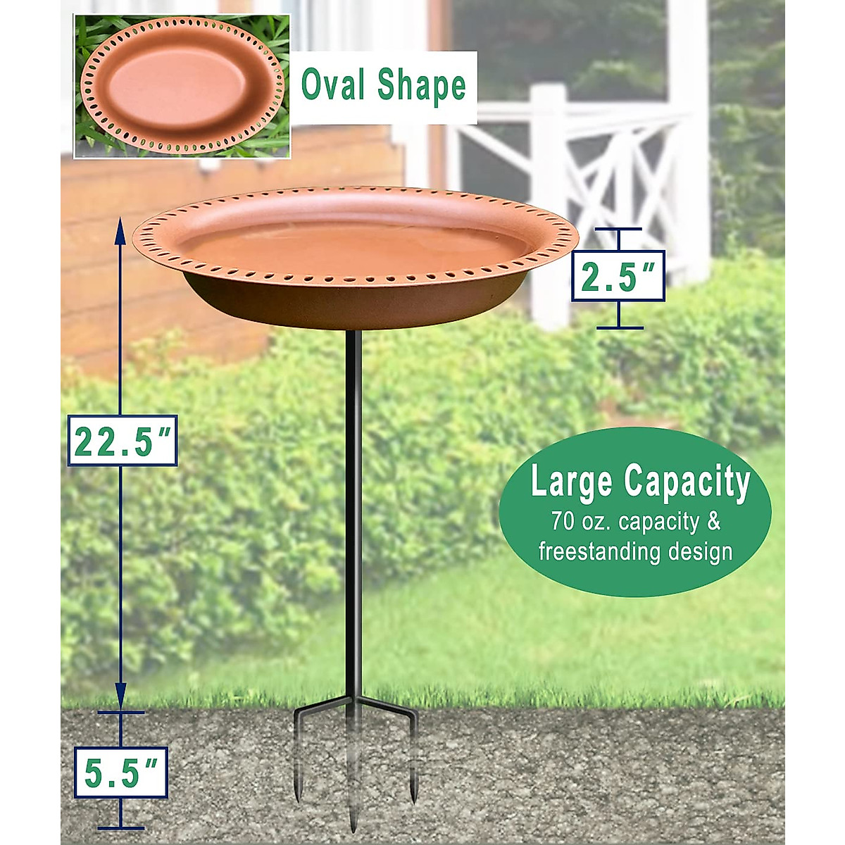 Eazielife Outdoor Bird Bath Lightweight Garden Birdbaths Freestanding Supports Antique Birdfeeder Bowl with Metal Stake Base, 28 Inches Tall, Oval Brown (1 Pack)