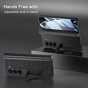 Libeagle Compatible with Samsung Galaxy Z Fold 5 Case, Built in Hidden Fold 5 New Slim S Pen Holder (2023), Leather on Back, Screen Protector, Hinge Protection, Wireless Charging Cover 5G-Carbon Fiber
