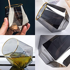 Diamond Whiskey Glasses, 4 PCS Rocks Glasses Gold Banded Cocktail Drinkware for Rum, Scotch or Wine Glasses, Tumblers Old Fashion Elegant Glass Unique Christmas New year Father's Day Gifts (Gray)