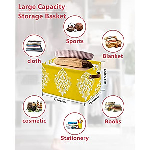 Yellow Storage Bins for Organizing, Decorative Large Closet Organizers with Handles Cubes - 2 Pack Fabric Baskets for Shelves, Closets, Laundry, Nursery, Classical Luxury Damask Texture