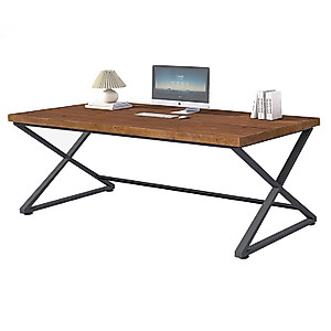 IBF Solid Wood Desk, 60” Rustic Real Wood Home Office Work Desk, Industrial Natural Wood Writing Study Desk, Metal Wooden Desk Executive Workstation Computer Table in Bedroom Living Room, Brown, 60 in