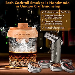 Cocktail Smoker Kit with Torch, Old Fashioned Smoker Kit for Bourbon Whiskey Drink, with 4 Different Flavor Wood Smoker Chips, Vodka/Gin/Tequila/Rum Liquor Gifts for Whiskey Lovers, Father(No Butane)