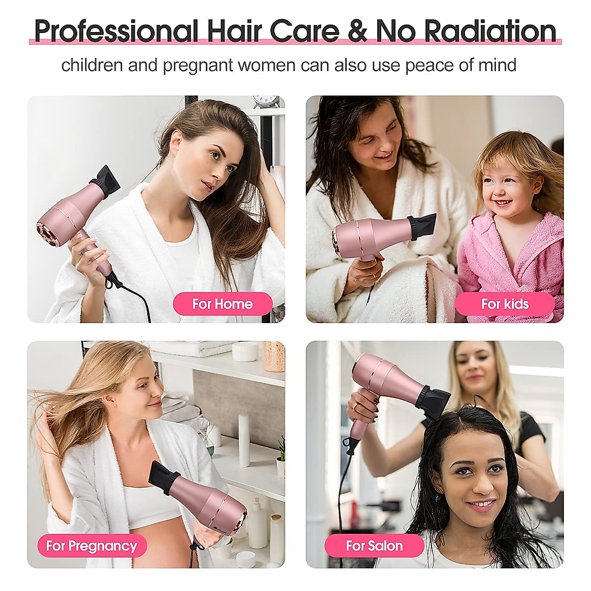 Professional Hair Dryer, 1800W Blow Dryer with Powerful AC Motor, 3 Speeds 1 Cool Button, Attachment Contain Volumizer Brush & Comb Concentrator Styling Nozzle,for Home Salon Travel