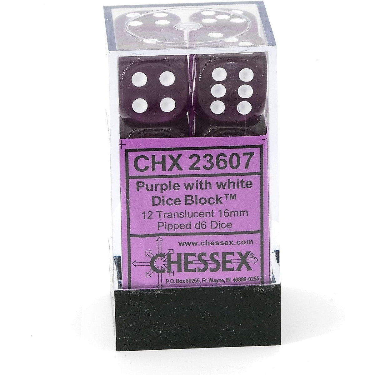 Chessex Dice Translucent Purple 6 Sided 16mm Dice Block (12-Dice), Purple/White (23607)