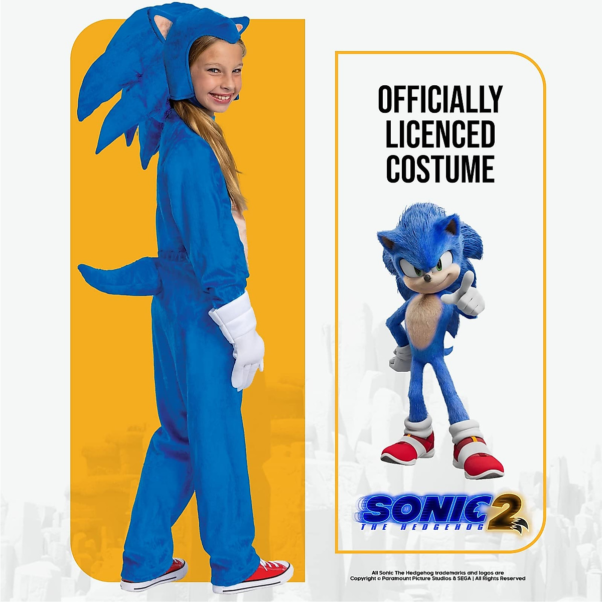 Sonic the Hedgehog Costume, Official Deluxe Sonic Movie Costume and Headpiece, Kids Size Large (10-12)