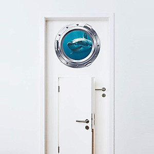 Woodland Arts 3D Undersea Big Shark Porthole Submarine View Tropical Ocean 18 x 18 inch Removable Vinyl Peel and Stick Decorative Wall Decals Stickers for Children Kids Room Nursery