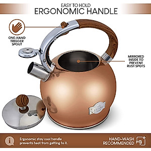 ELITRA HOME Stove Top Whistling Fancy Tea Kettle Stainless Steel Tea Pot with Ergonomic Handle 2.7 Quart / 2.6 Liter (ROSE GOLD)
